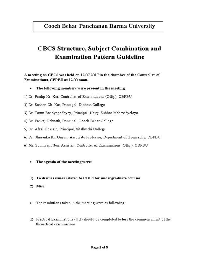 Guidelines For Cbcs Structure Subject Combination And Examination
