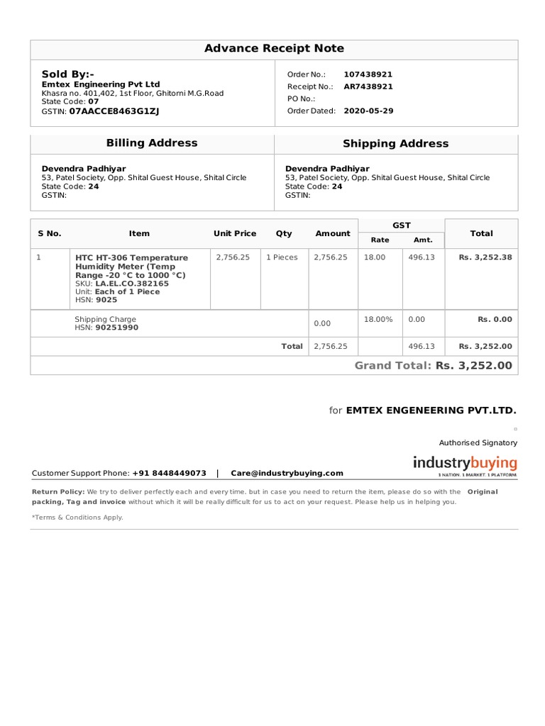 Billing Address Shipping Address: Advance Receipt Note | PDF | Business