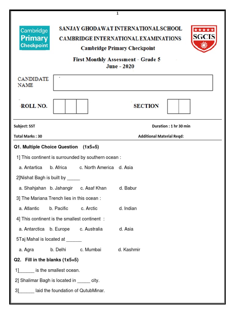 Grade 5 SST Paper | PDF