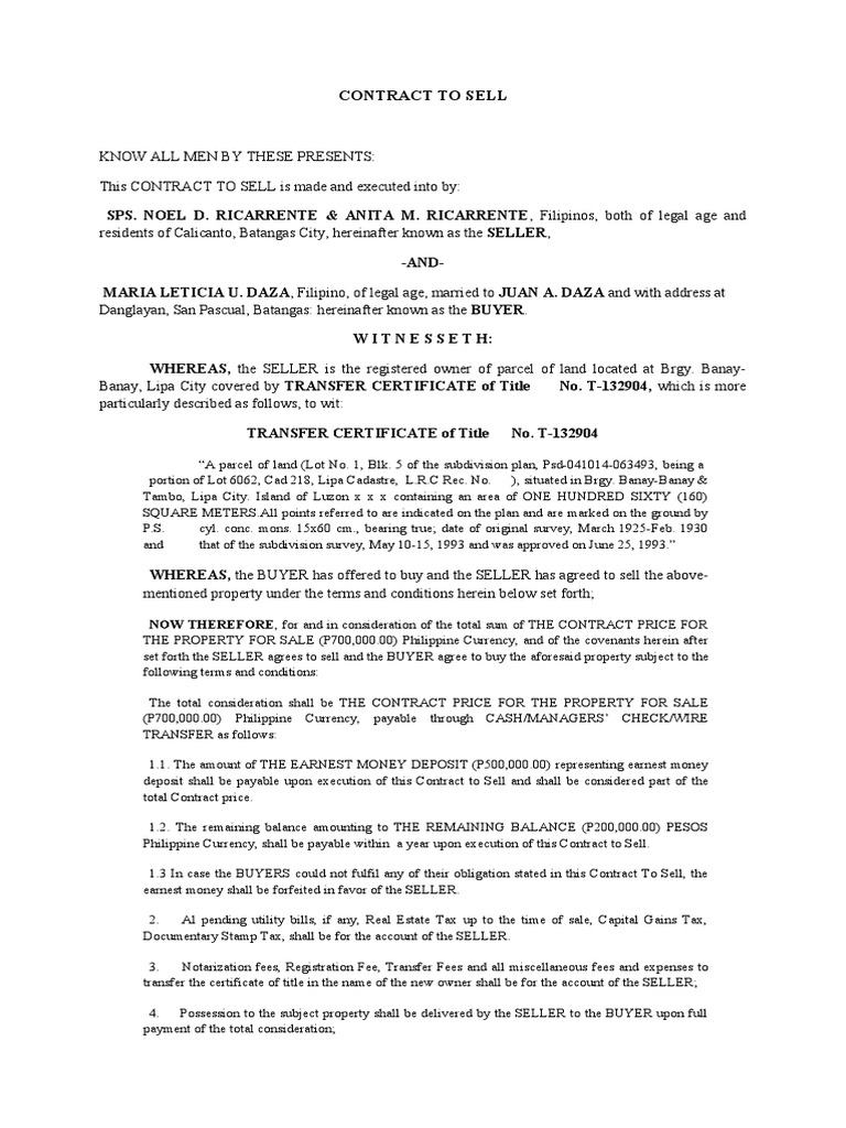 Contract To Sell Example | PDF | Prices | Sales