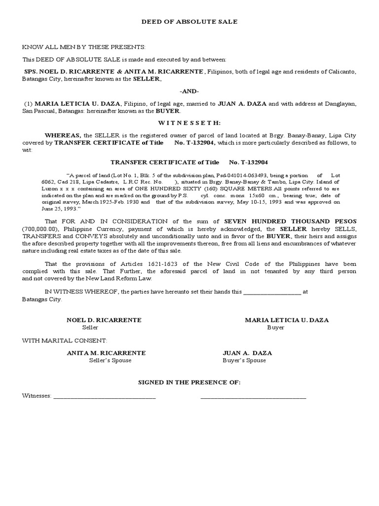 Deed of Absolute Sale Sample Document | PDF | Real Property Law ...