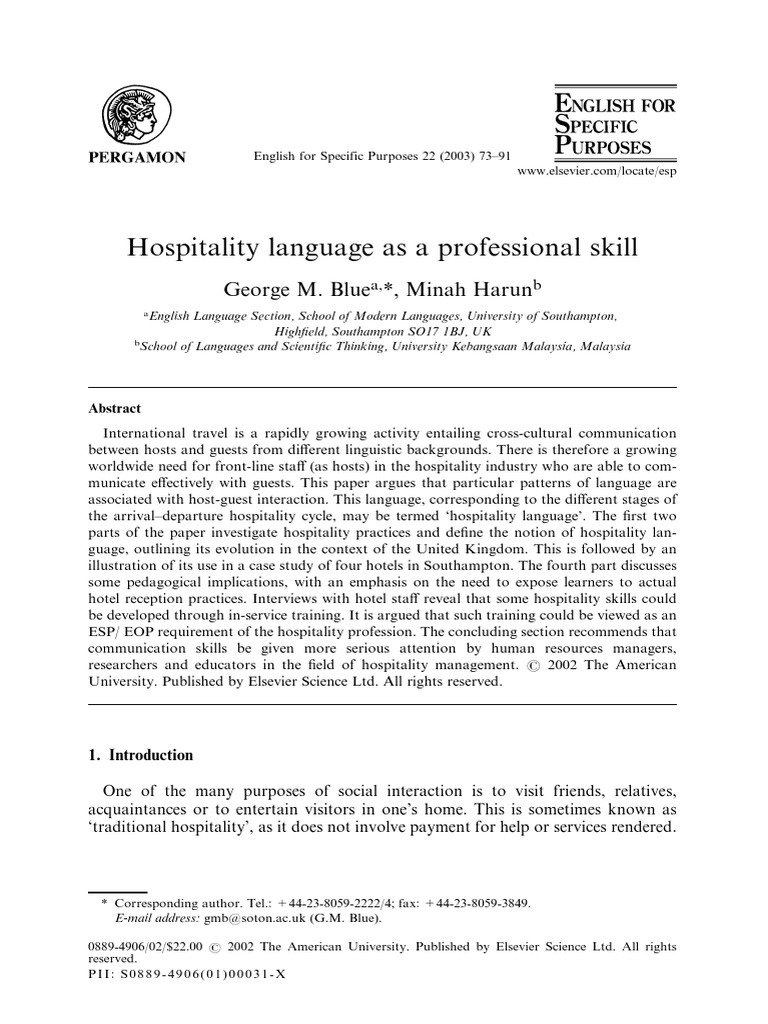 Hospitality Language As A Professional Skill | PDF | English Language ...
