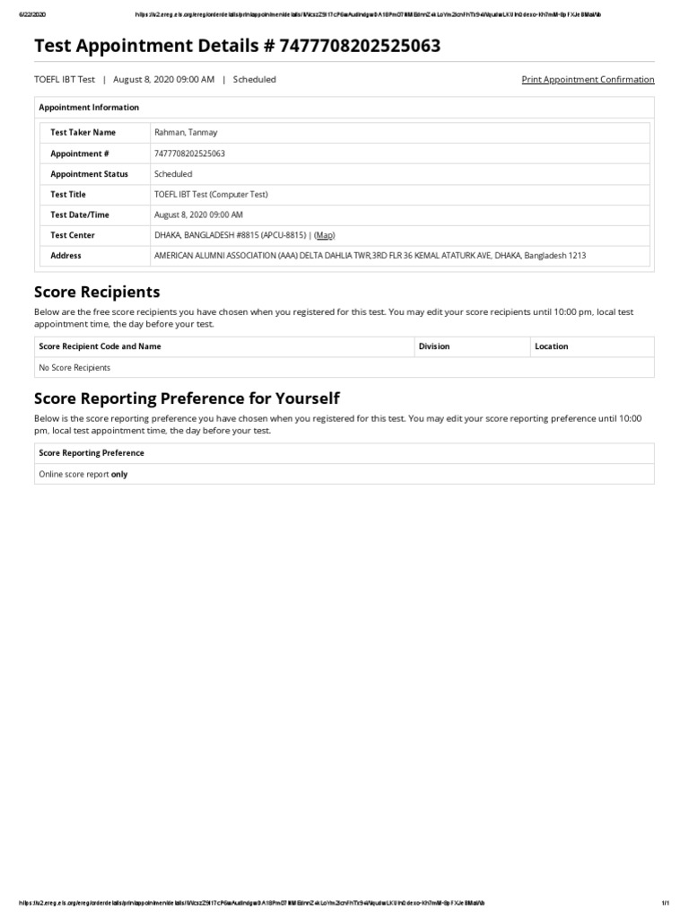 Toefl Confirmation 8 August | PDF
