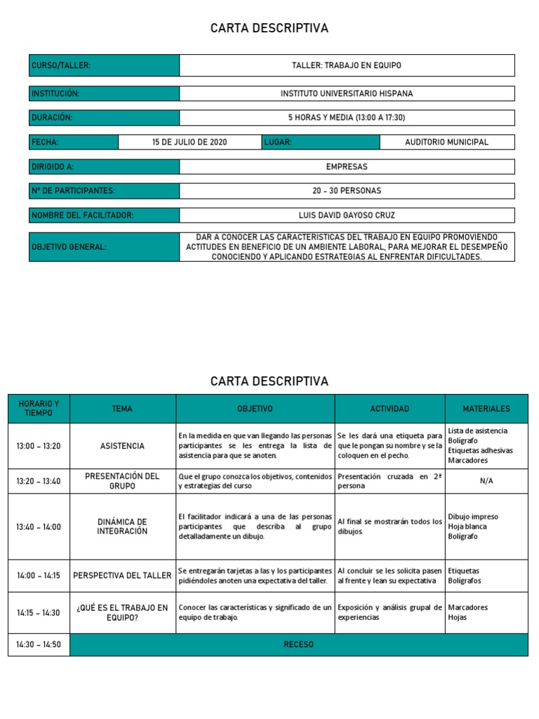 Carta Descriptiva | Descargar gratis PDF | Cognición | Conceptos ...