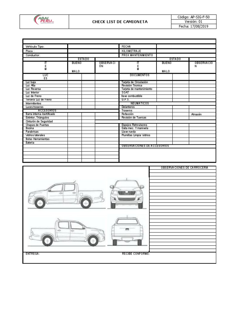 Check List Camioneta | PDF | Transporte privado | Estilos de carrocería