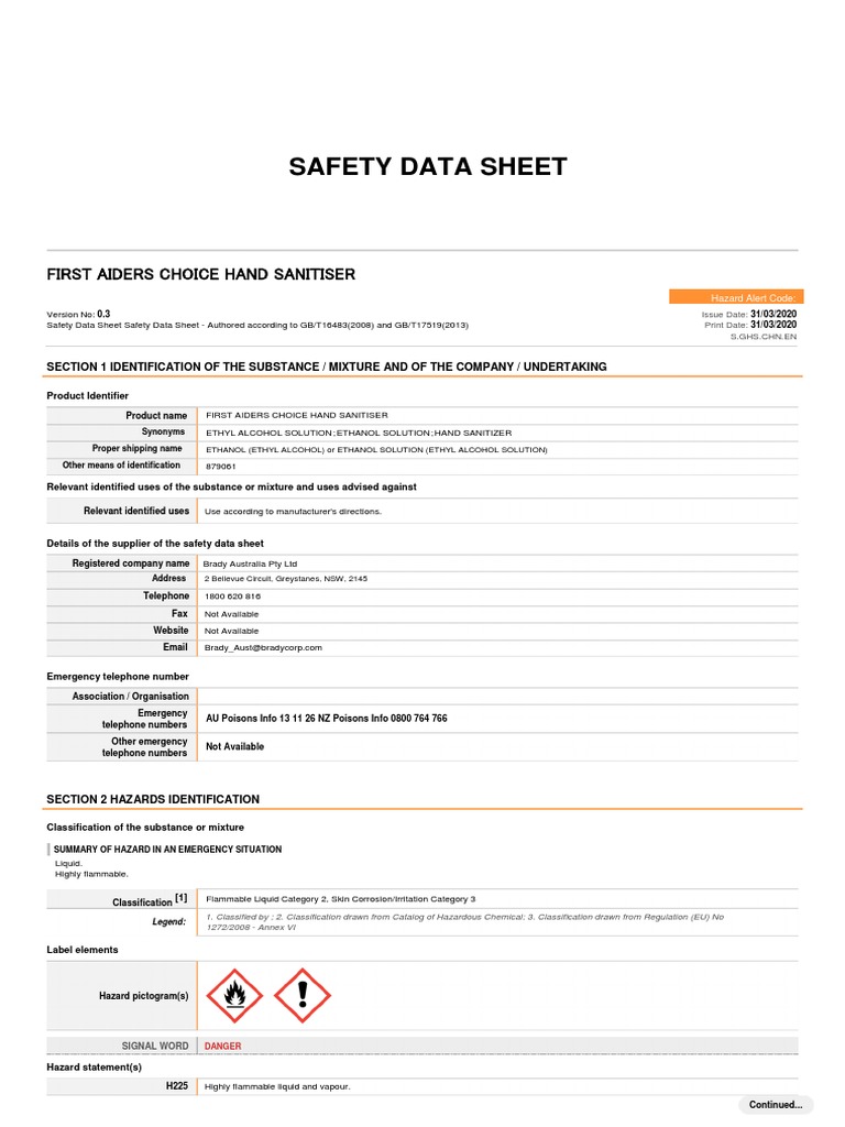 First Aiders Choice Hand Sanitiser SDS | PDF | Fires | Chemistry