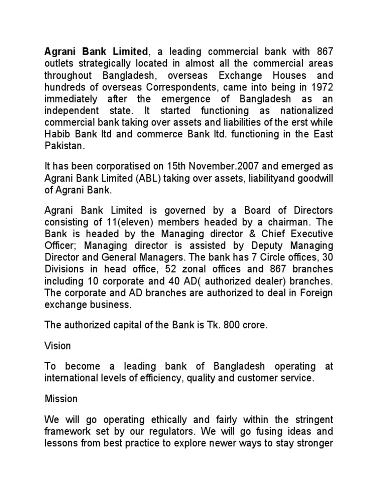 Agrani Bank Limited: Overview and Vision | PDF