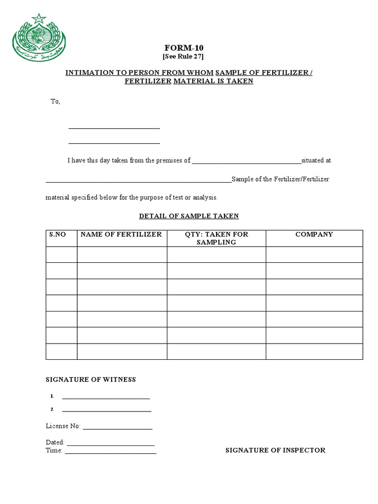 FORM-10: Intimation To Person From Whom Sample of Fertilizer ...