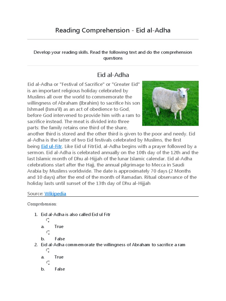 Eid al-Adha Reading Comprehension Guide | PDF