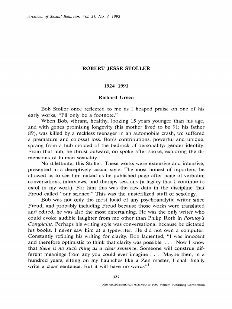 Green, Richard - Robert Stoller in Memorium PDF | PDF | Gender Identity ...