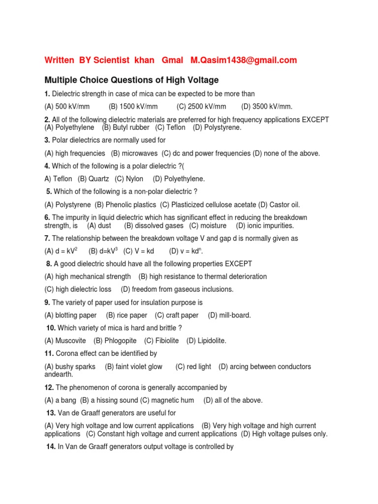 Multiple Choice Questions of High Voltage | PDF | Electrical Breakdown ...