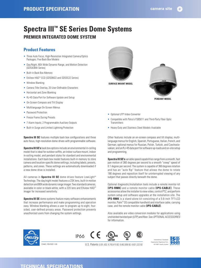 Pelco Spectra III SE Series Camera System Specs | PDF | Video | Television