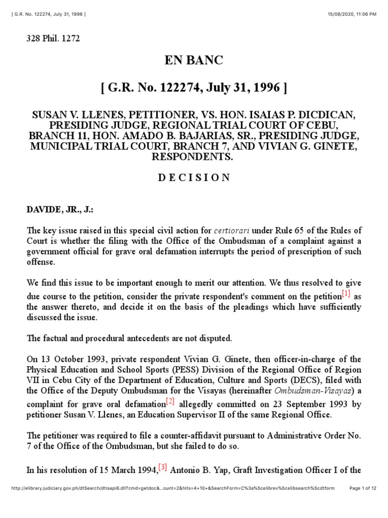 En Banc (G.R. No. 122274, July 31, 1996) : Davide, JR., J. | PDF ...