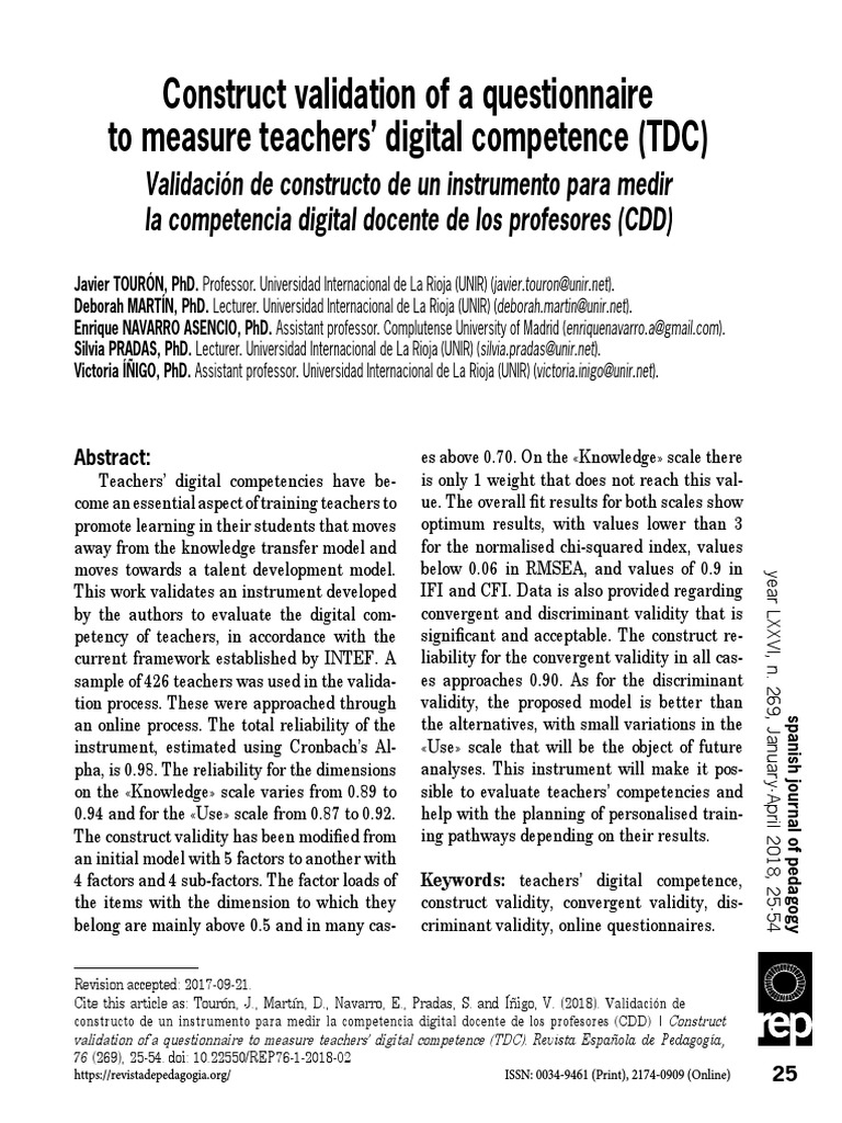 Construct Validation of A Questionnaire To Measure Teachers Digital ...