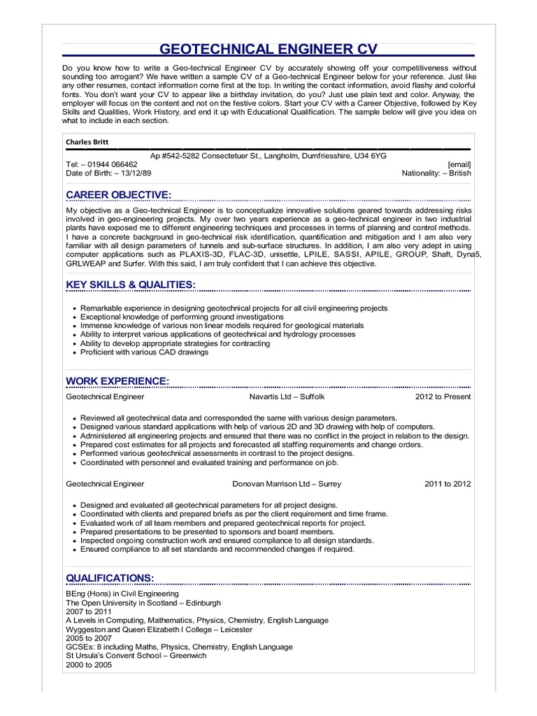Geotechnical Engineer CV Sample Guide | PDF | Geotechnical Engineering ...