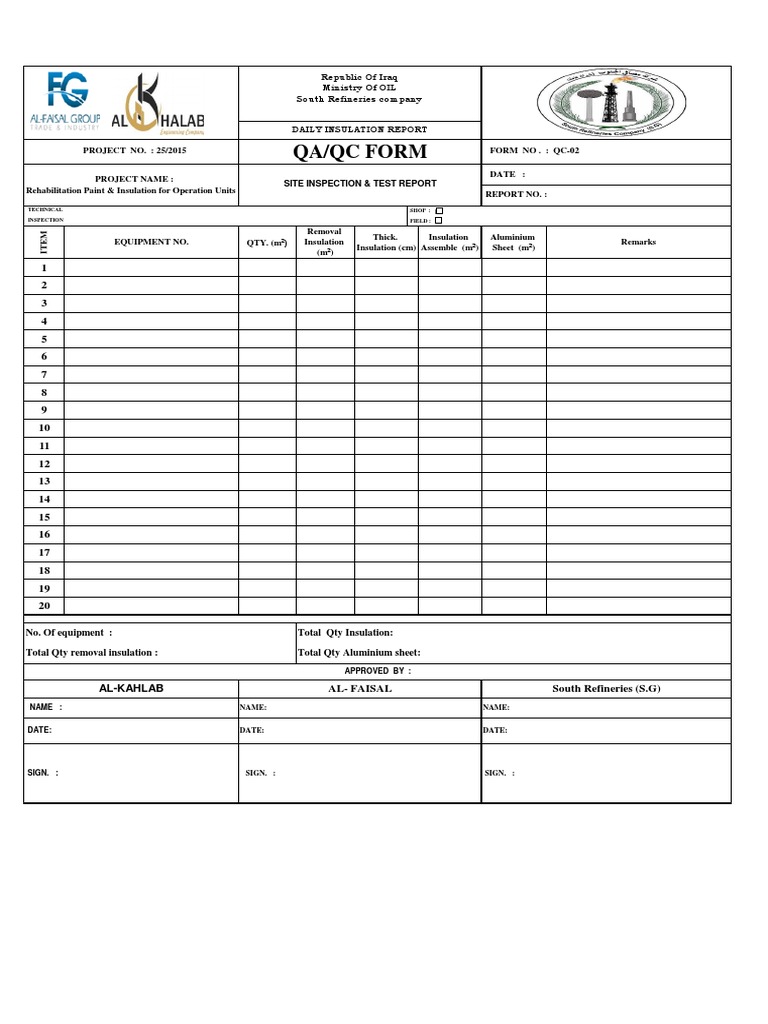 Qa/Qc Form: Shop: Field: Technical Inspection | PDF | Materials | Nature