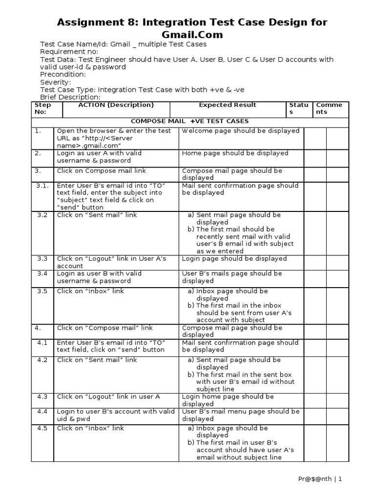 Assignment8 Integration Test Cases For Gmail PDF | PDF | Login | Gmail