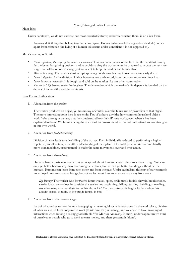 Marx Estranged Labour Overview Handout PDF | PDF | Marx's Theory Of Alienation | Capitalism