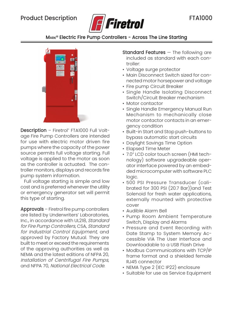 Product Description FTA1000: M Electric Fire Pump Controllers - Across ...