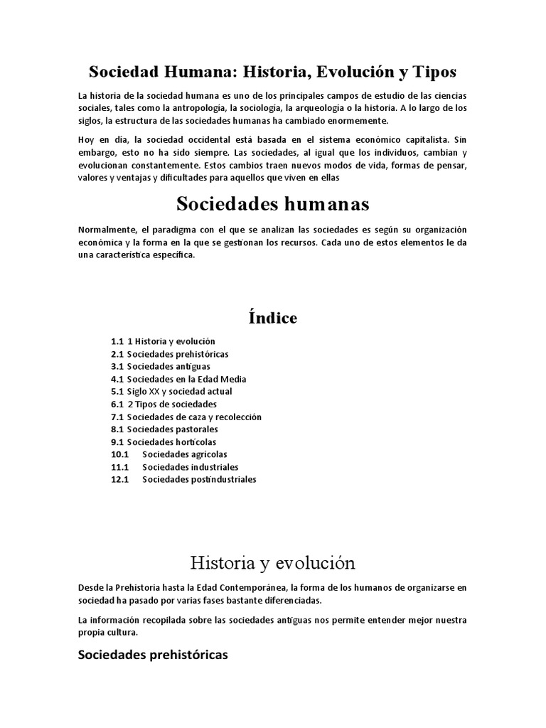 Sociedades Humanas: Sociedad Humana: Historia, Evolución y Tipos | PDF ...