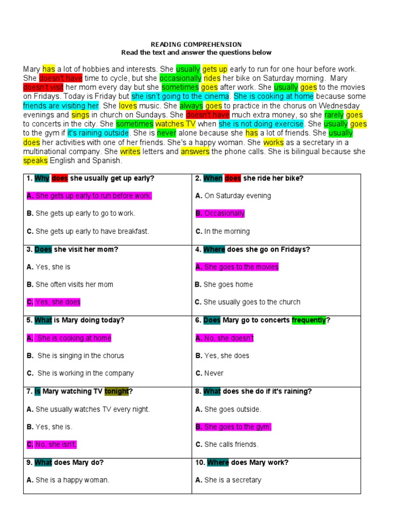 Reading Comprehension Read The Text and Answer The Questions Below ...