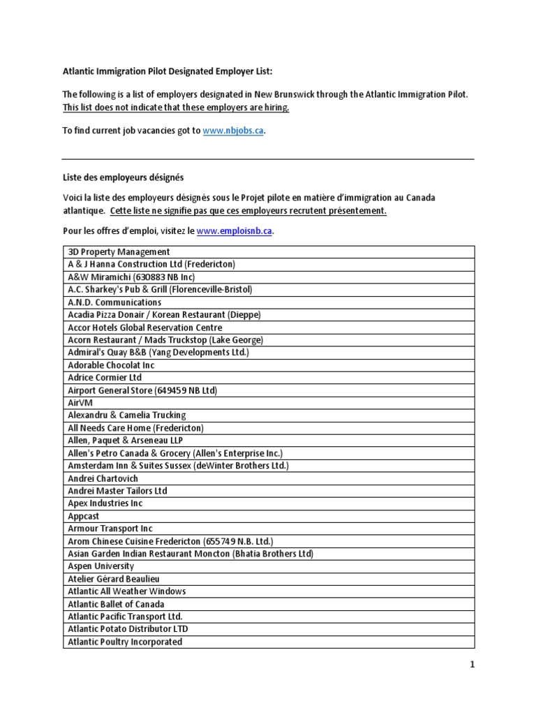 Atlantic Immigration Pilot Designated Employer List:: WWW - Nbjobs.ca | PDF