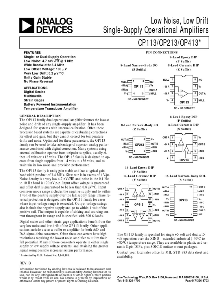 Low Noise, Low Drift Single-Supply Operational Amplifiers OP113/OP213 ...