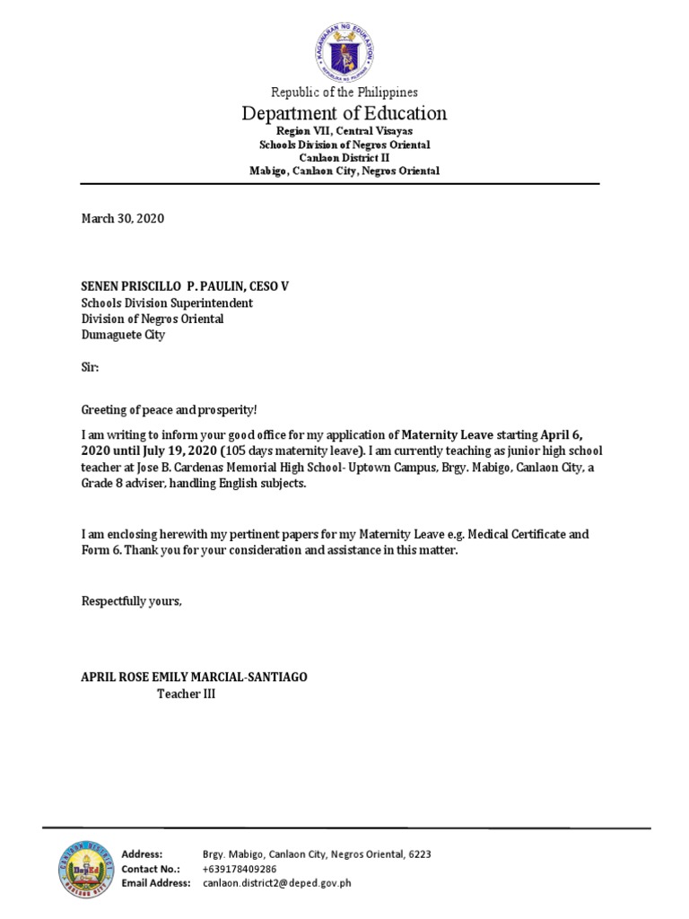 Intent Letter For Maternity Leave | PDF