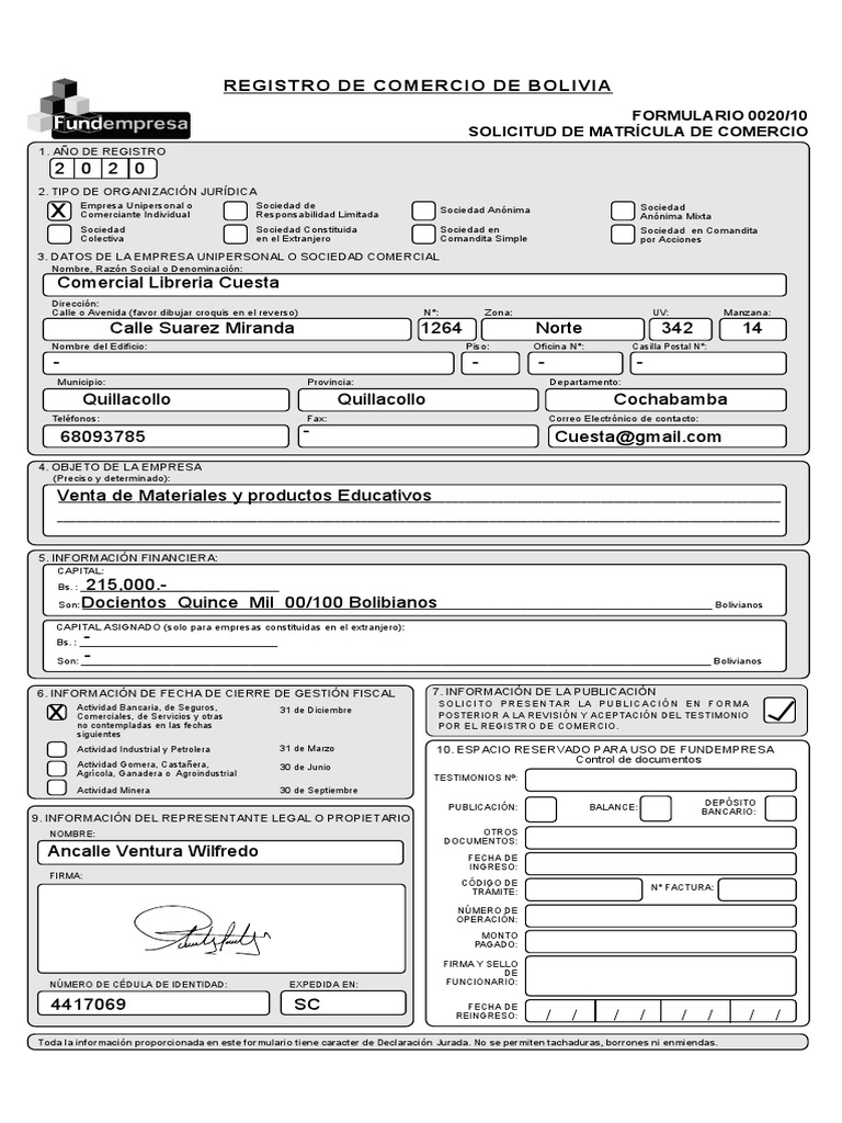 Formulario - 0020 Llenado 1111 | PDF | Bolivia | Business