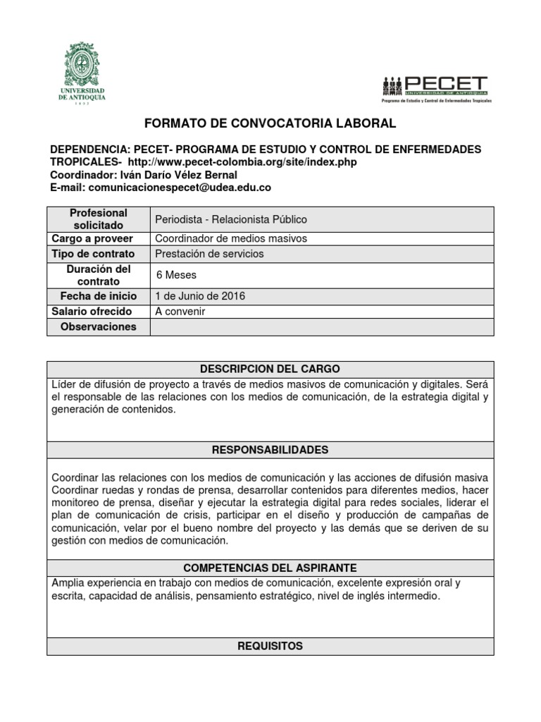 Formato de Convocatoria Laboral PECET | PDF | Crecimiento personal y profesional | Ciencias sociales