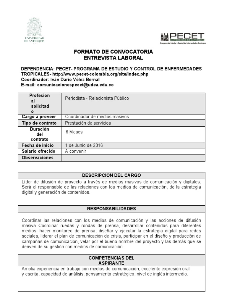 Ejemplo de Convocatoria Laboral PECET | PDF | Medios de comunicación) | Comunicación