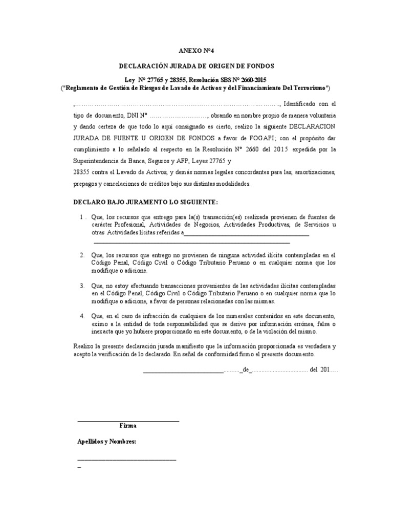 Anexo 4 Declaracion Jurada Origen de Fondos | PDF | Instituciones sociales | Ciencias sociales