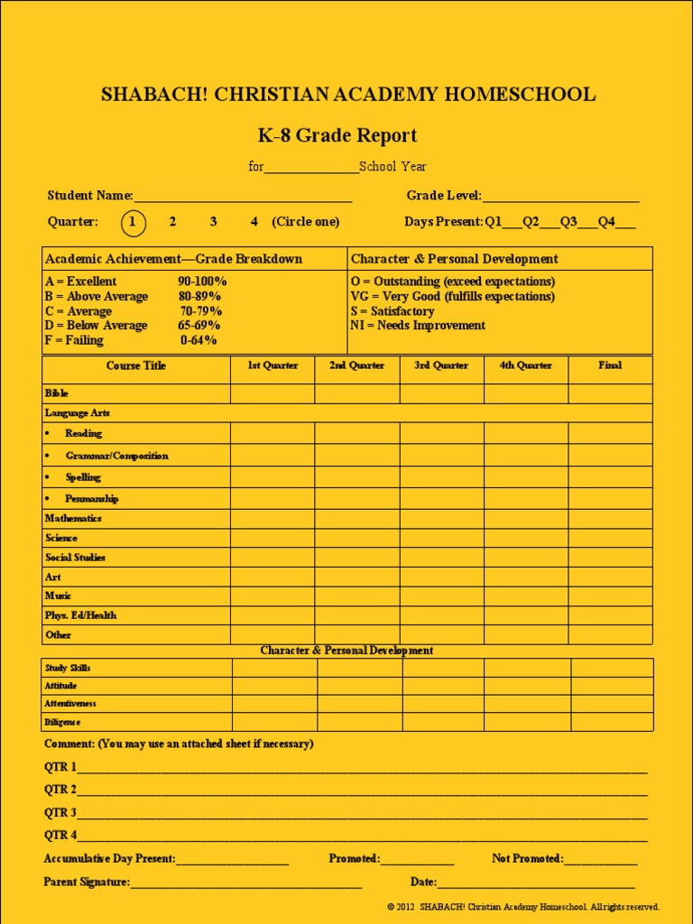 K-8 Grade Report Shabach! Christian Academy Homeschool: For - School ...