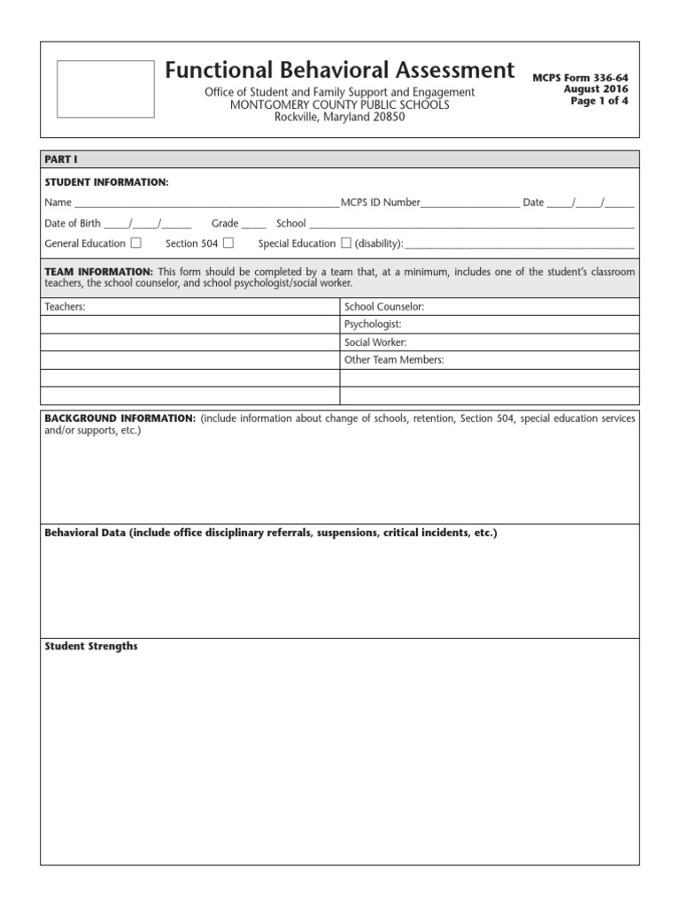 MCPS FBA Form 2016 | PDF | Special Education | Teachers
