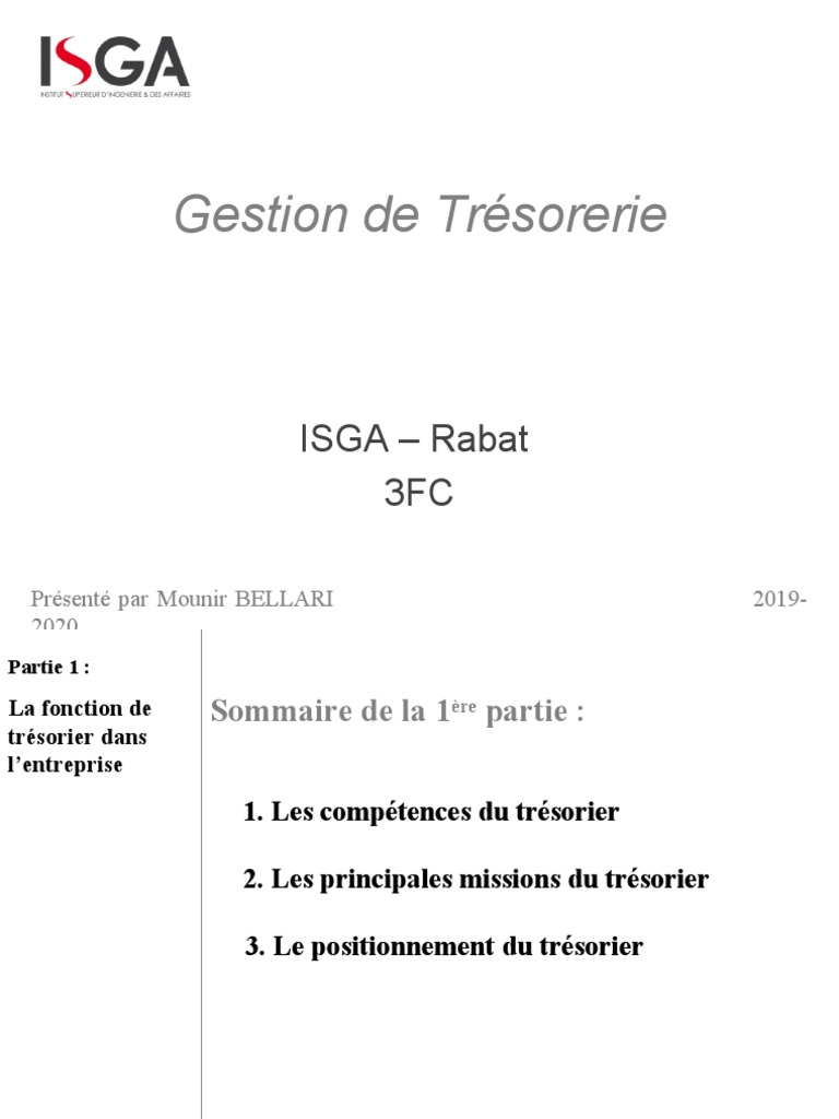 Gestion de Trésorerie (Partie 1, La Fonction de Trésorier Dans ...