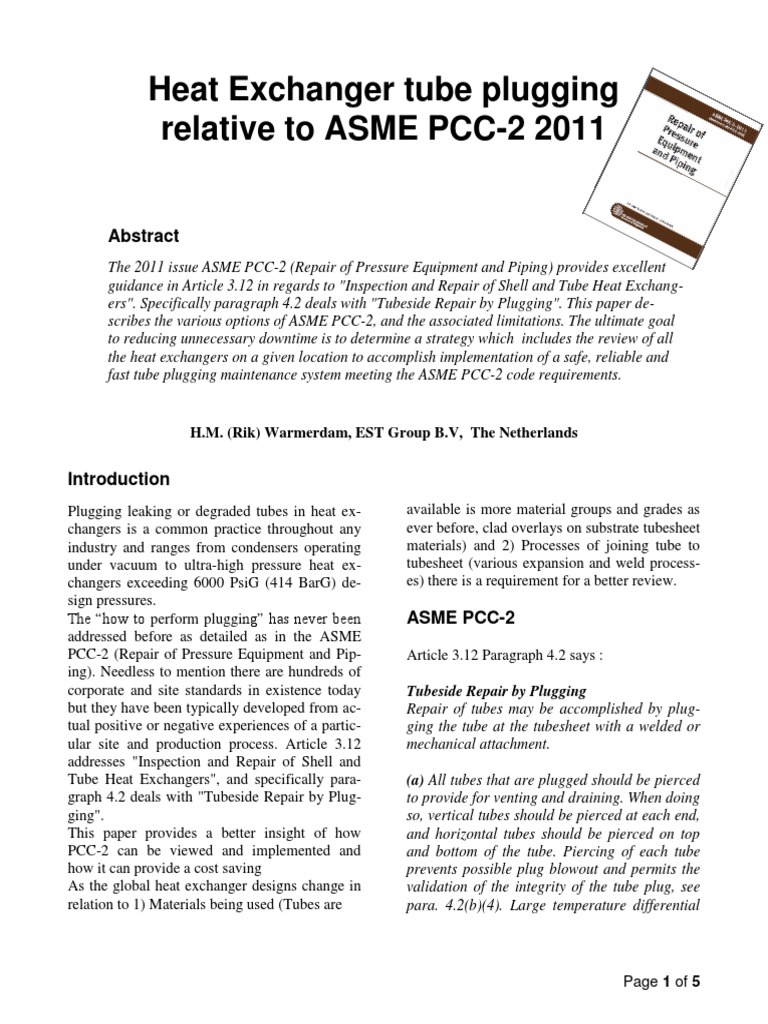 Heat Exchanger Tube Plugging Relative To ASME PCC 2 2011 PDF | PDF ...