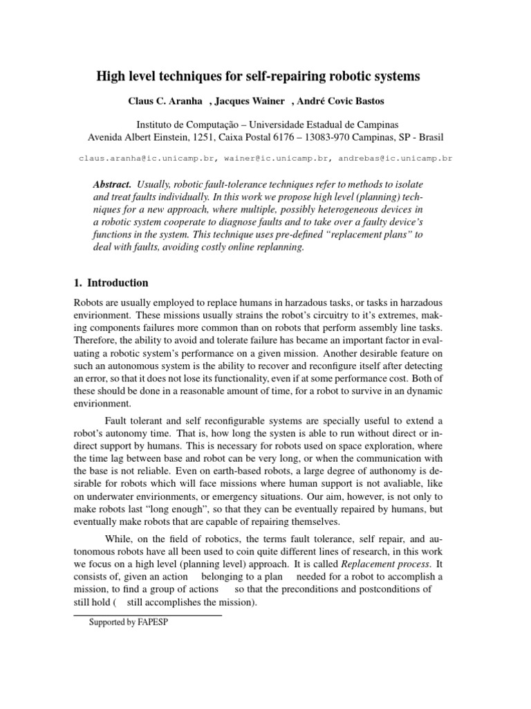 High Level Techniques For Self-Repairing Robotic Systems: Claus C ...