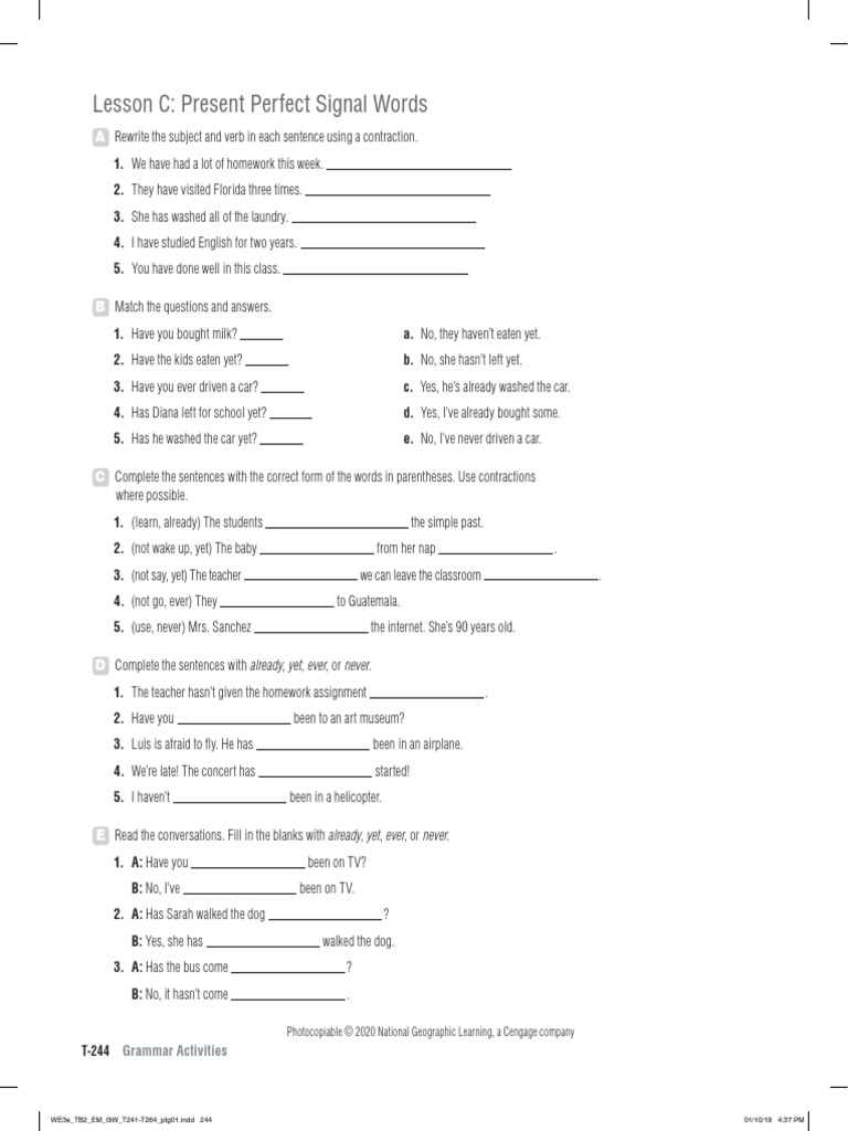 Lesson C: Present Perfect Signal Words: Grammar Activities | PDF ...