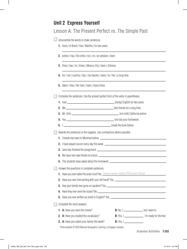 Lesson A: The Present Perfect vs. The Simple Past: Unit 2 Express ...