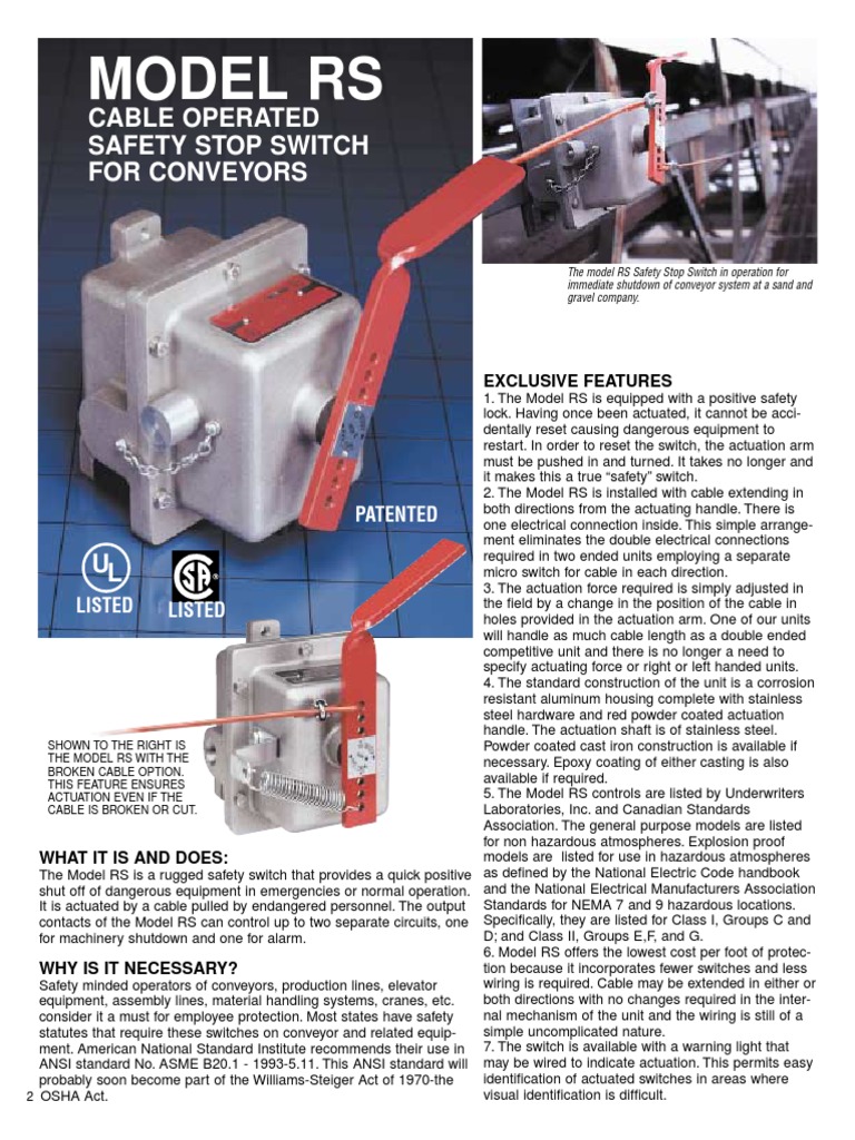 Model RS: Cable Operated Safety Stop Switch For Conveyors | PDF ...