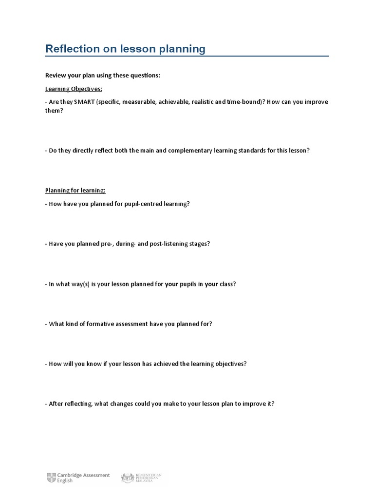 Reflection On Lesson Planning Worksheet | PDF