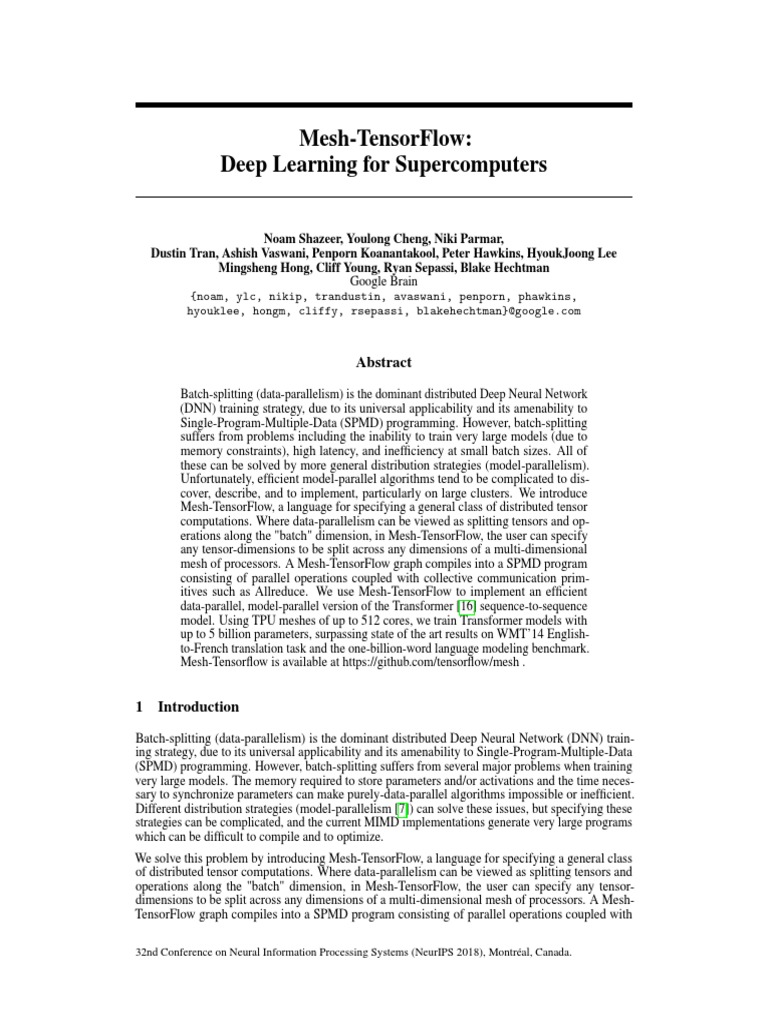 Mesh Tensorflow Deep Learning For Supercomputers | PDF | Parallel Computing | Deep Learning
