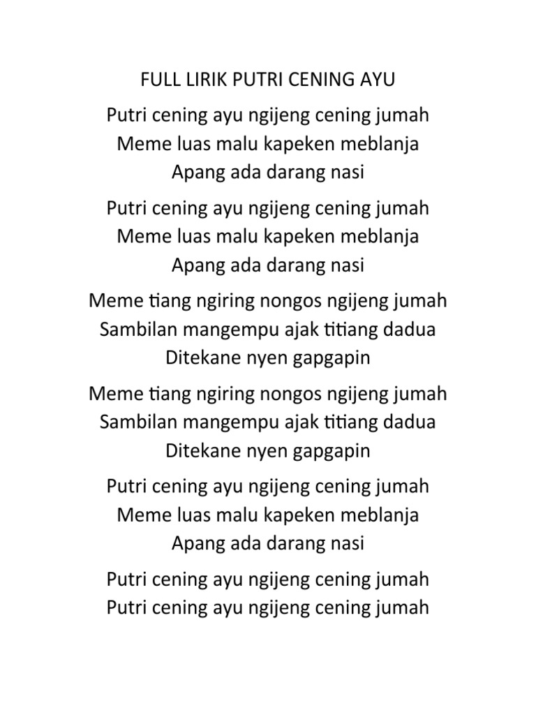 Full Lirik Putri Cening Ayu | PDF