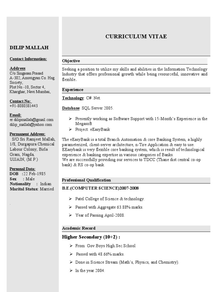Curriculum Vitae: Dilip Mallah | Download Free PDF | Databases | Microsoft Sql Server