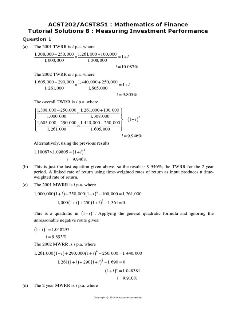 ACST202/ACST851: Mathematics of Finance Tutorial Solutions 8: Measuring ...
