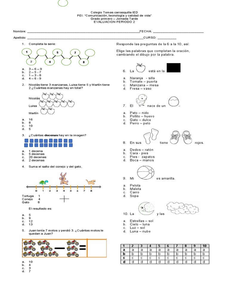 Evaluación Periodo 2 Grado Primero | PDF