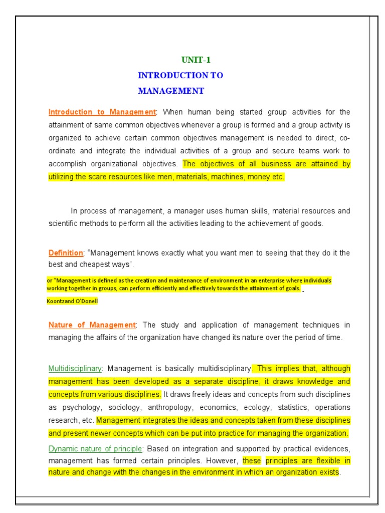 Introduction To Management: UNIT-1 | PDF | Resource | Interdisciplinarity