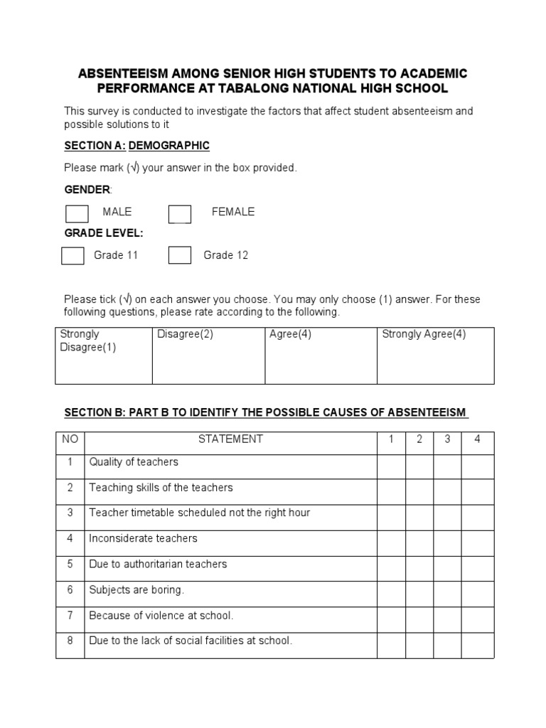 Absenteeism Quanti Questionnaire | PDF | Teachers | Test (Assessment)