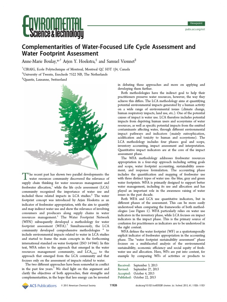 Complementarities of Water-Focused Life Cycle Assessment and Water ...