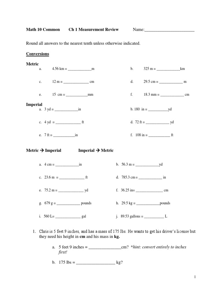 Math 10C CH 1 Measurement Review Assignment With Answer Key 2012 ...